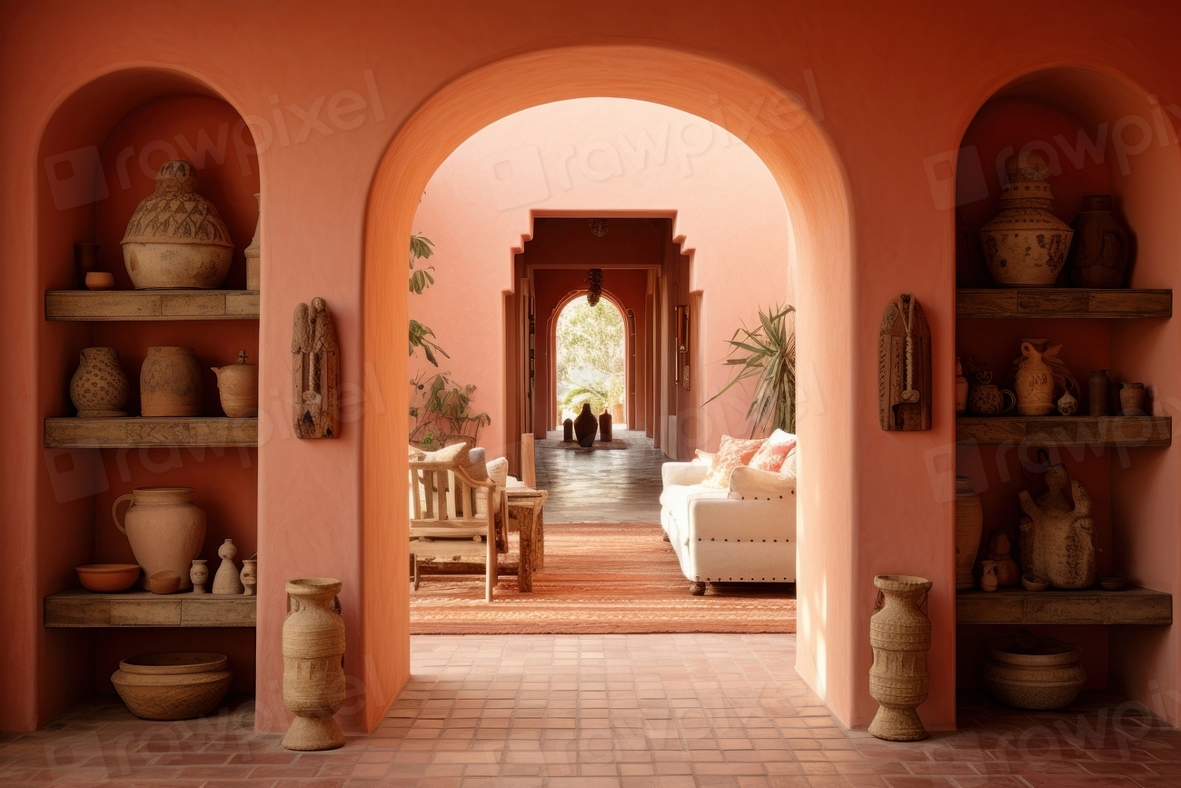 Orange hallway arch architecture furniture. | Premium Photo - rawpixel