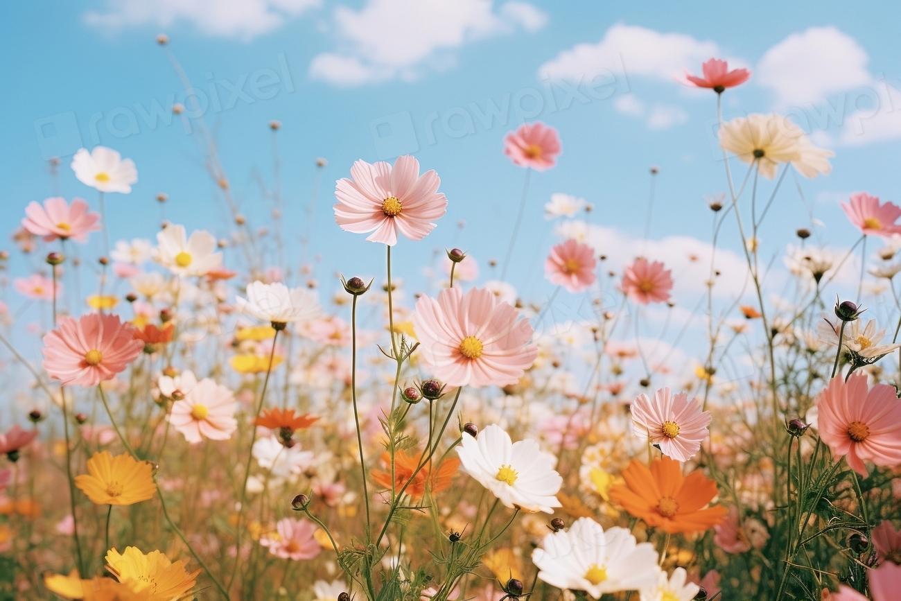 Colorful flowers field sky landscape | Free Photo - rawpixel