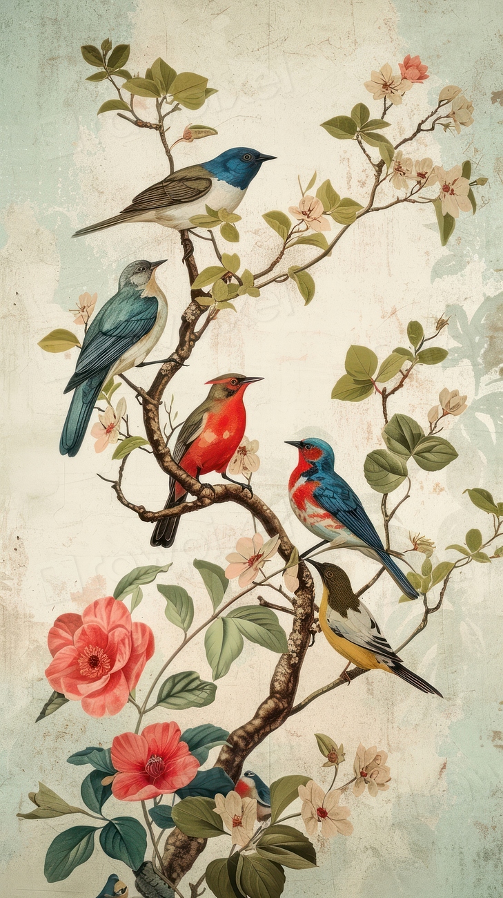 Vintage drawing birds flower painting | Premium Photo Illustration ...