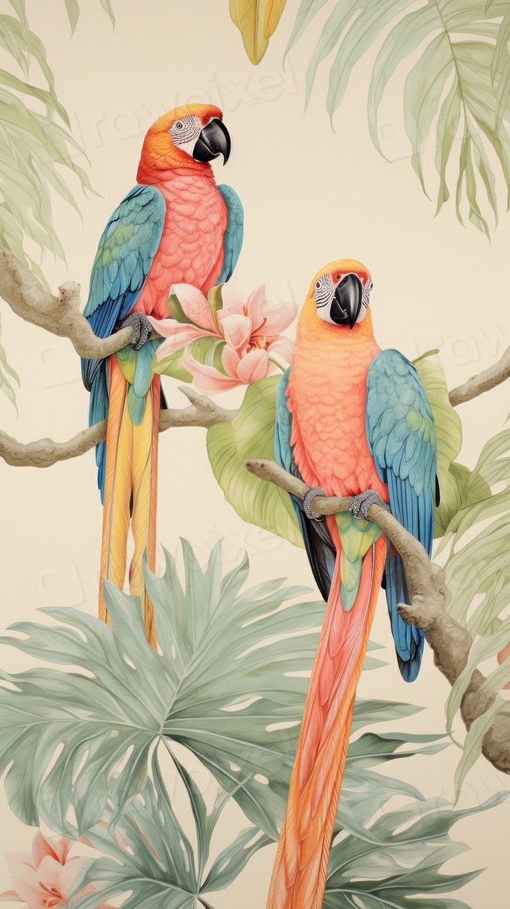 Wallpaper parrot birds drawing animal | Free Photo Illustration - rawpixel