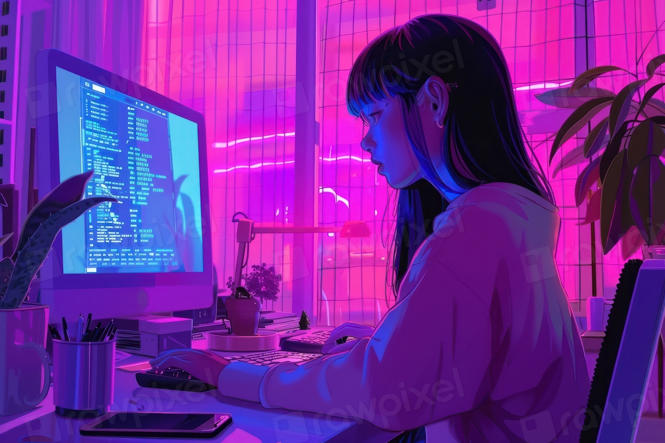 programmer girl works computer purple | Premium Photo Illustration ...