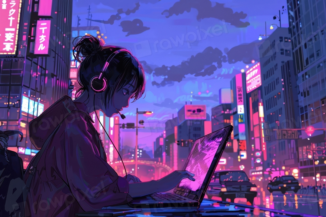 Using laptop anime cityscape computer | Premium Photo Illustration ...