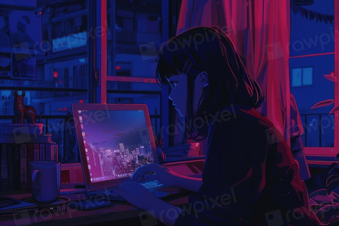 Using laptop anime architecture illuminated. | Free Photo Illustration ...