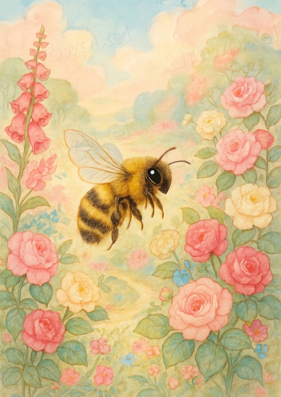 Whimsical bee amidst floral paradise | Free Photo Illustration - rawpixel