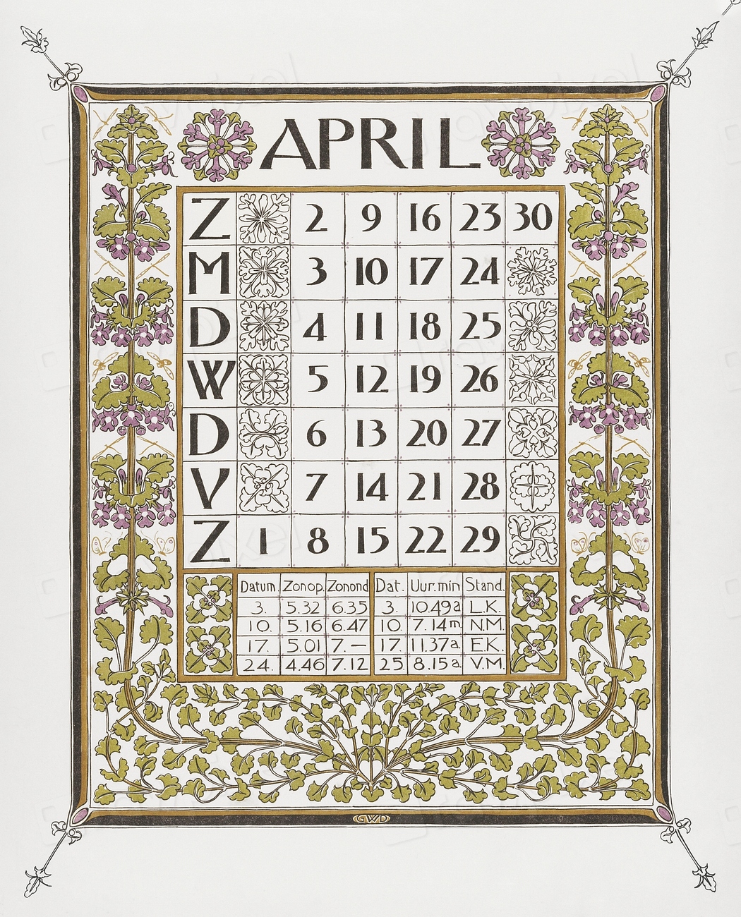 Calendar April 1899 (1898) print | Free Photo Illustration - rawpixel