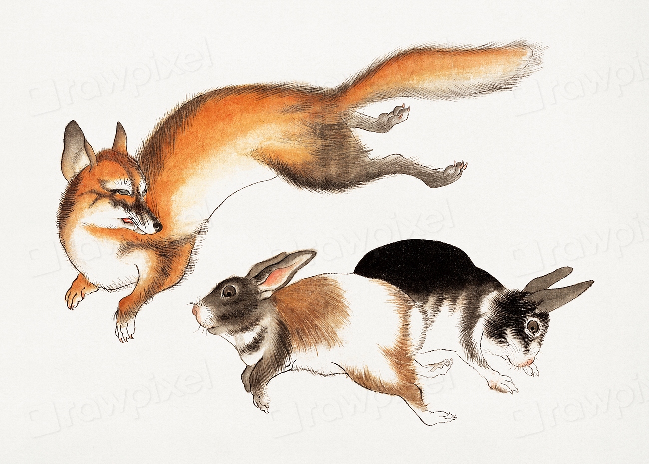 Fox two hares (1800-1870) vintage | Free Photo Illustration - rawpixel