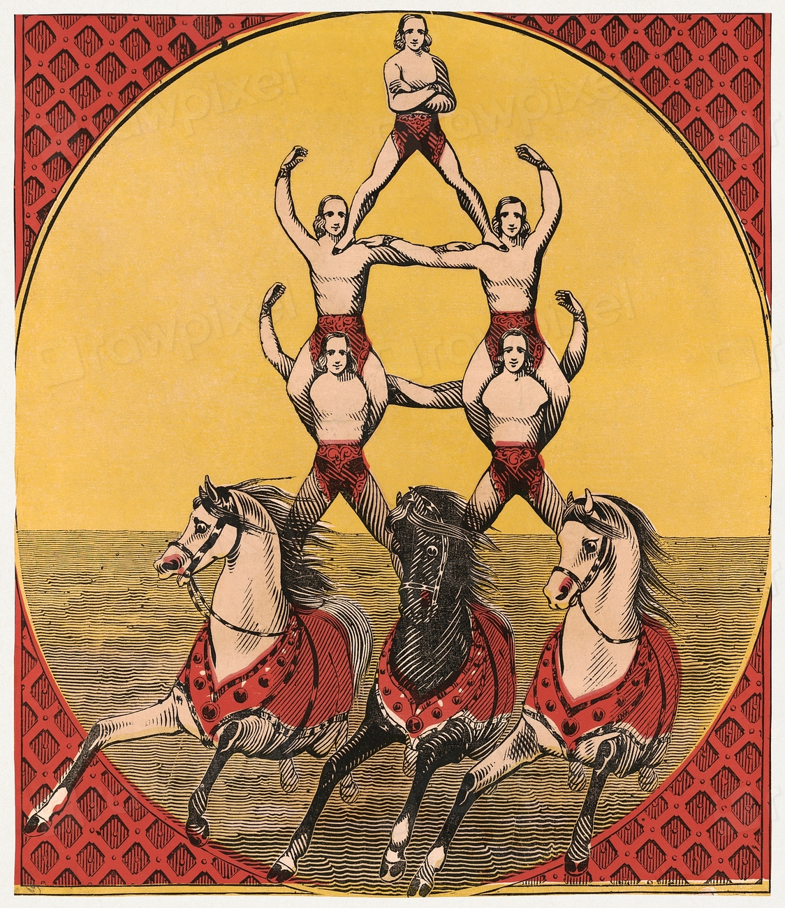 Five acrobats three horses, chromolithograph | Free Photo Illustration - rawpixel