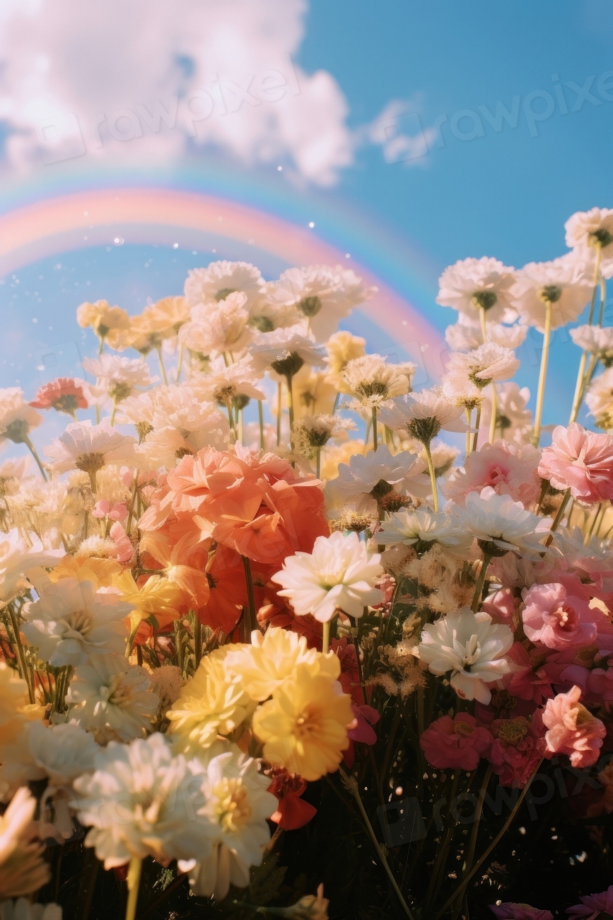 Flower field, beautiful rainbow sky. | Premium Photo - rawpixel