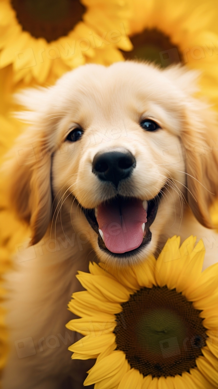 Happy golden retriever sunflower puppy | Premium Photo - rawpixel