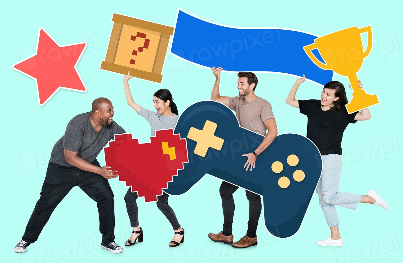 Playful diverse people holding gaming | Premium PSD - rawpixel