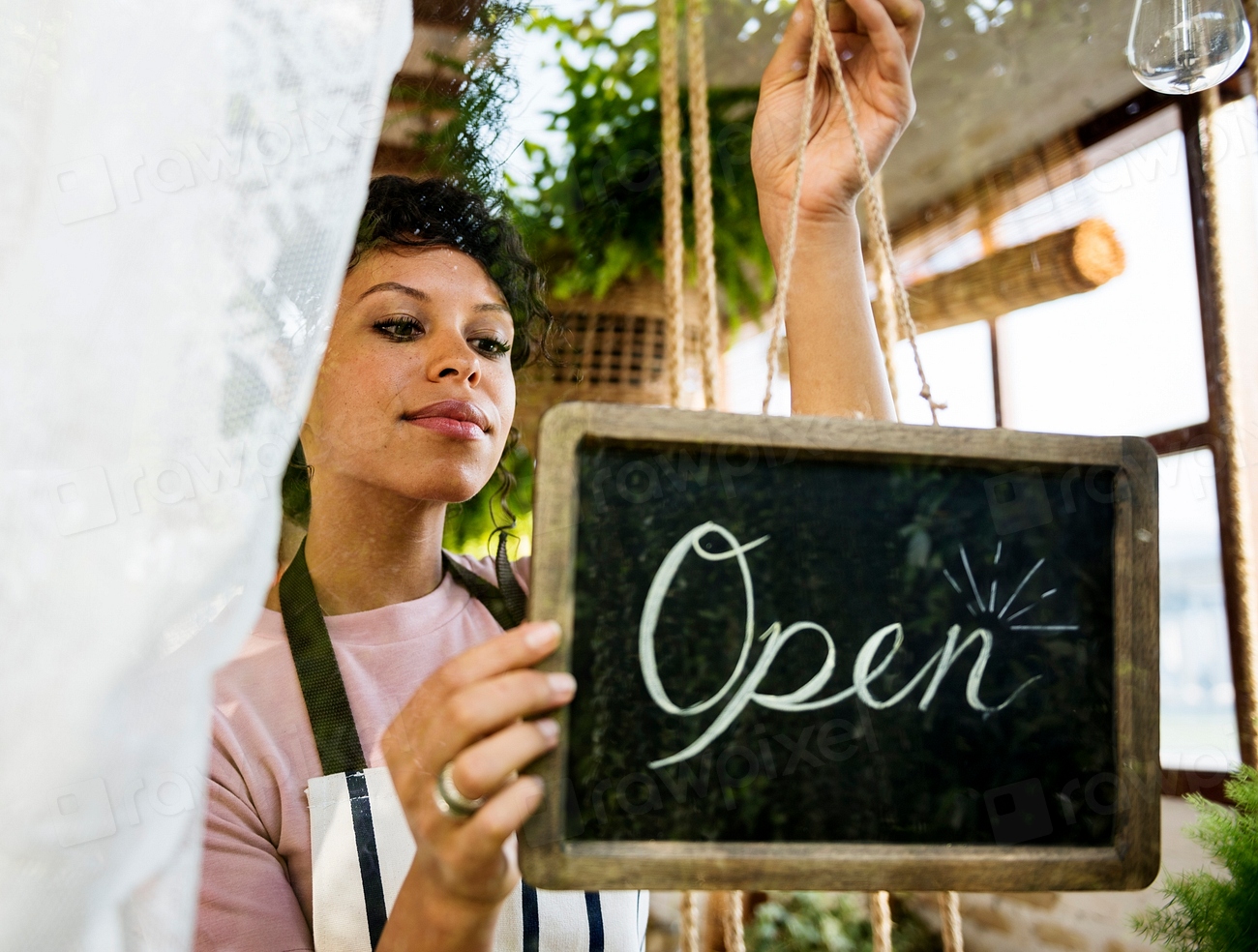 Woman Hanging Open Sign Glass | Premium Photo - rawpixel
