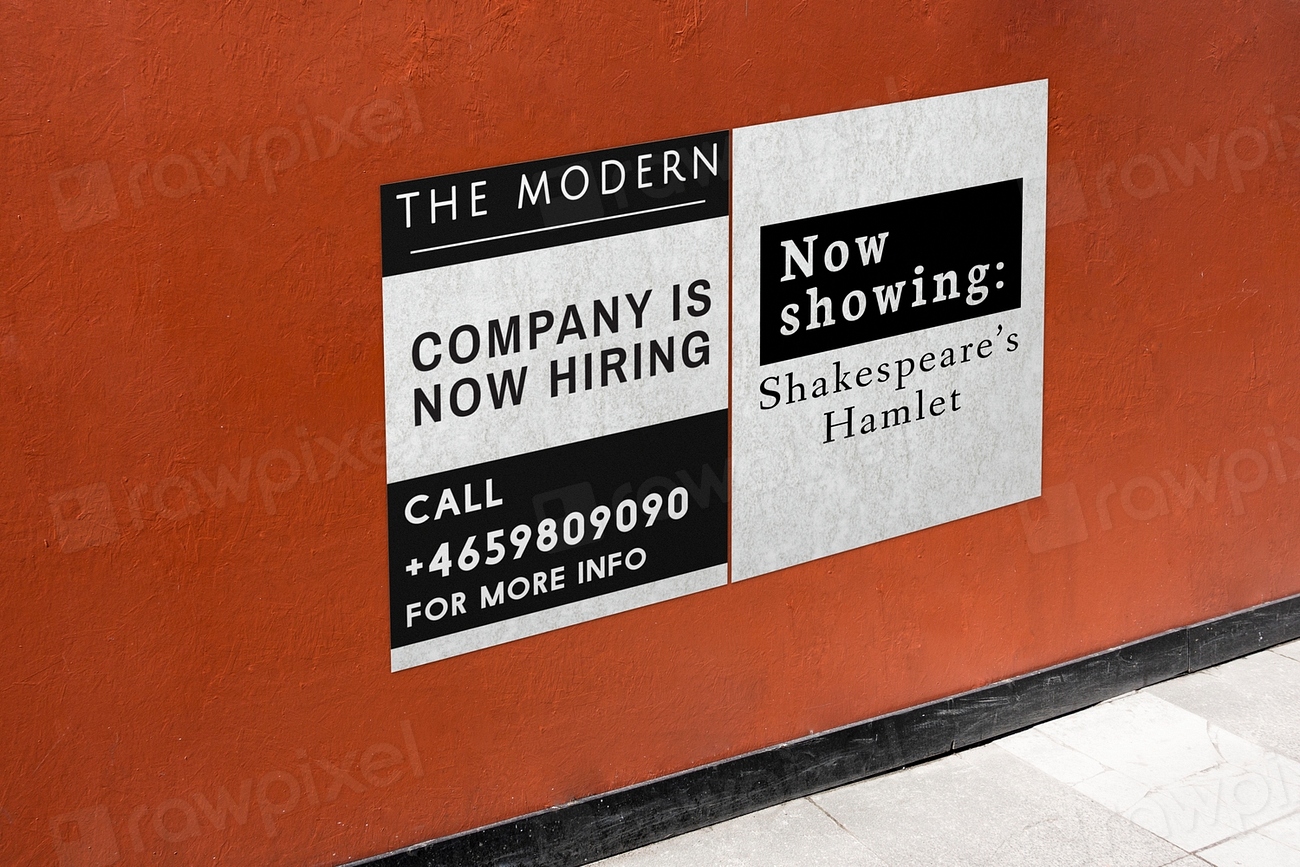 Advertisement posters an orange wall | Premium PSD Mockup - rawpixel