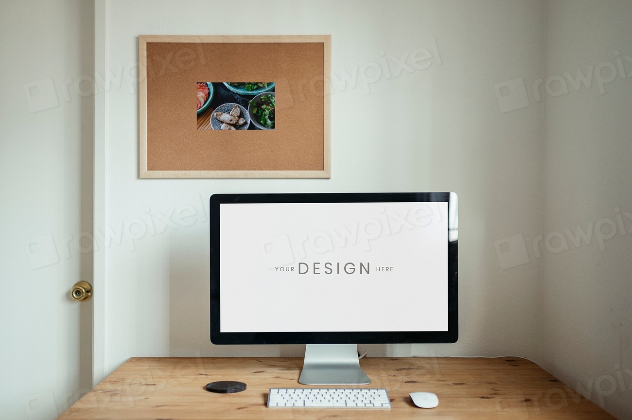 Computer mockup wooden table work | Premium PSD Mockup - rawpixel