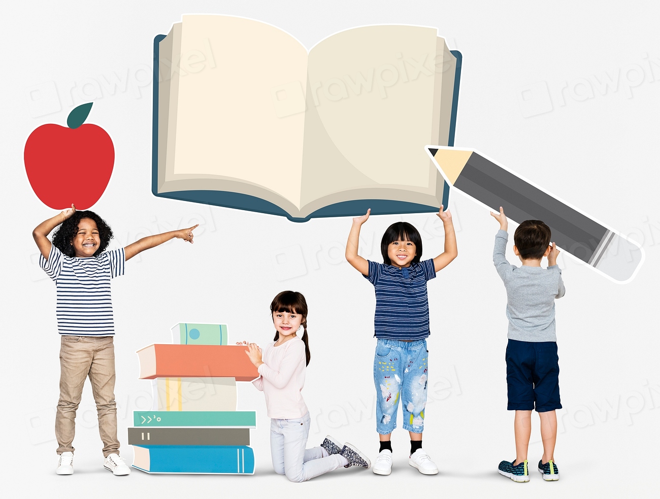 Diverse children with education icons | Premium PSD - rawpixel