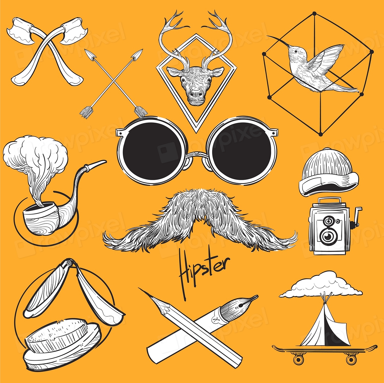 Hand drawing illustration set hipster | Free Photo - rawpixel