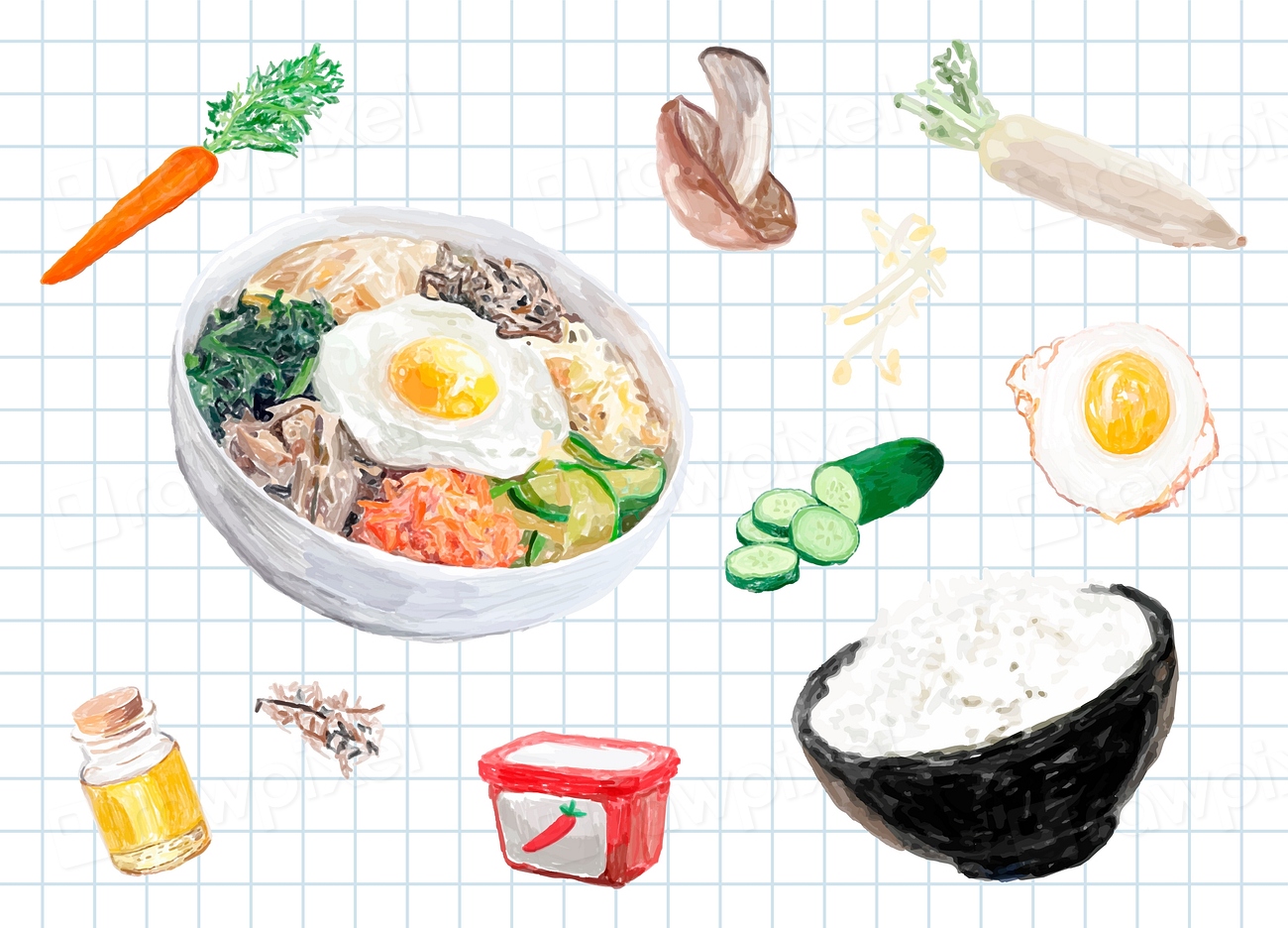 Hand drawn bibimbap watercolor style | Premium Vector Illustration ...