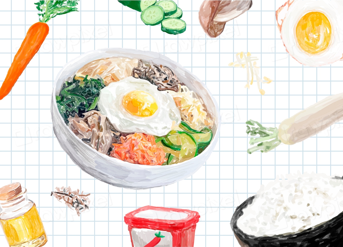 Hand drawn bibimbap watercolor style | Premium Vector Illustration ...