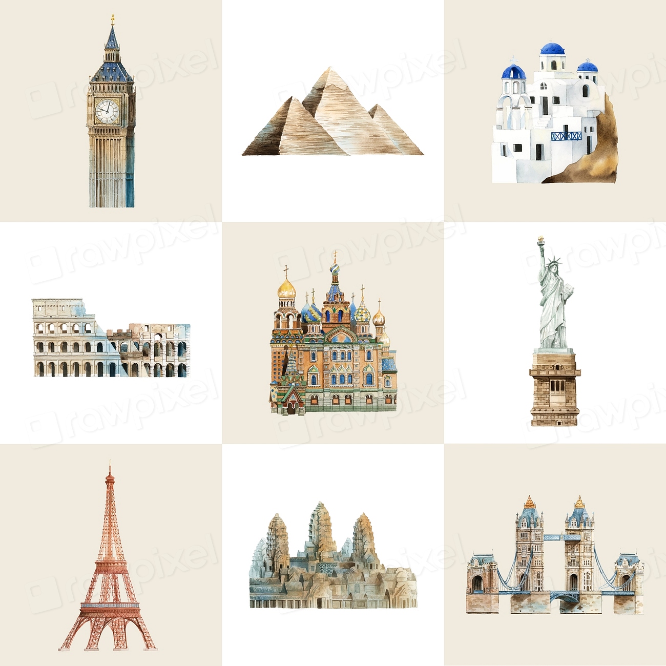Collection of architectural landmarks painted | Premium Vector ...
