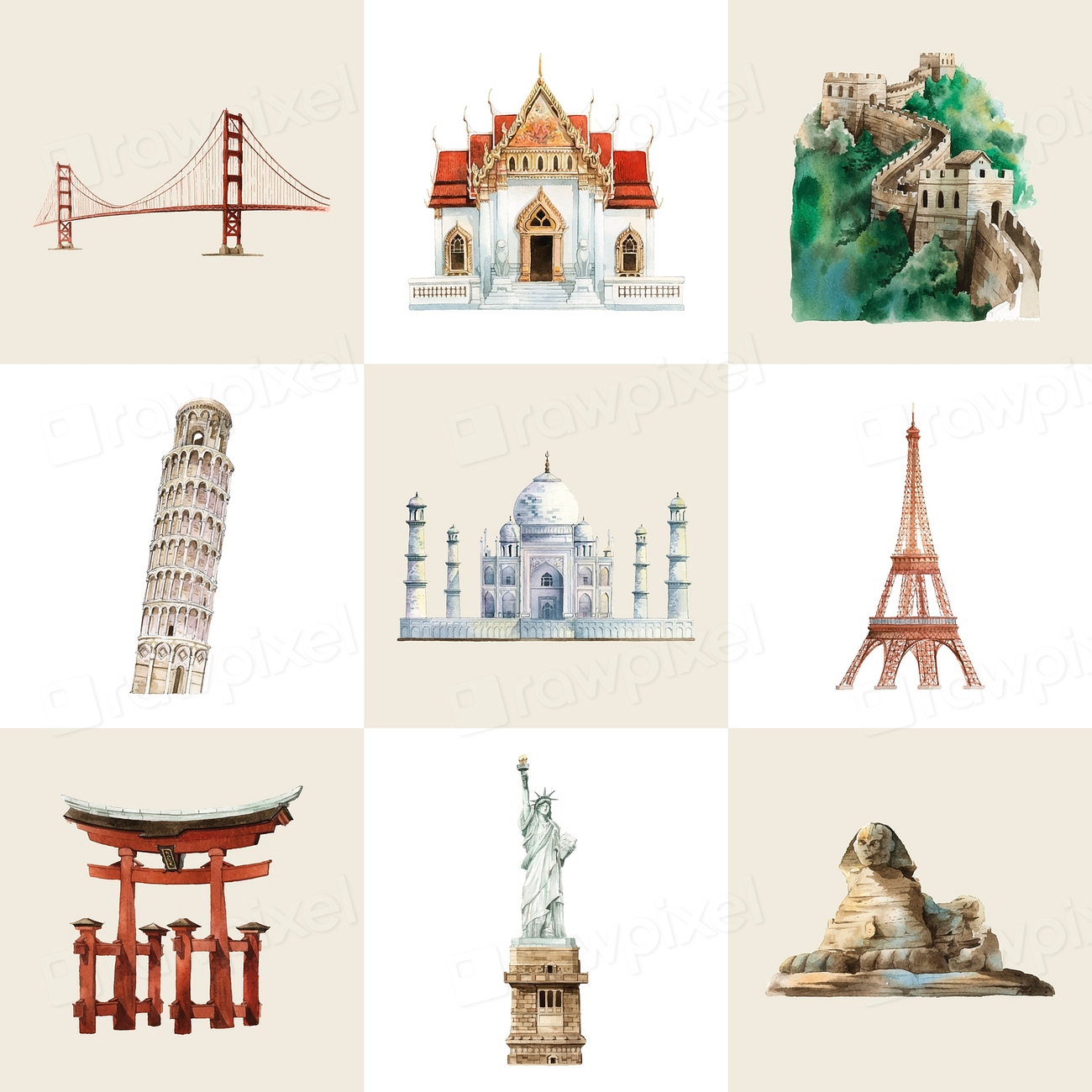 Collection architectural landmarks painted watercolor | Premium Vector ...
