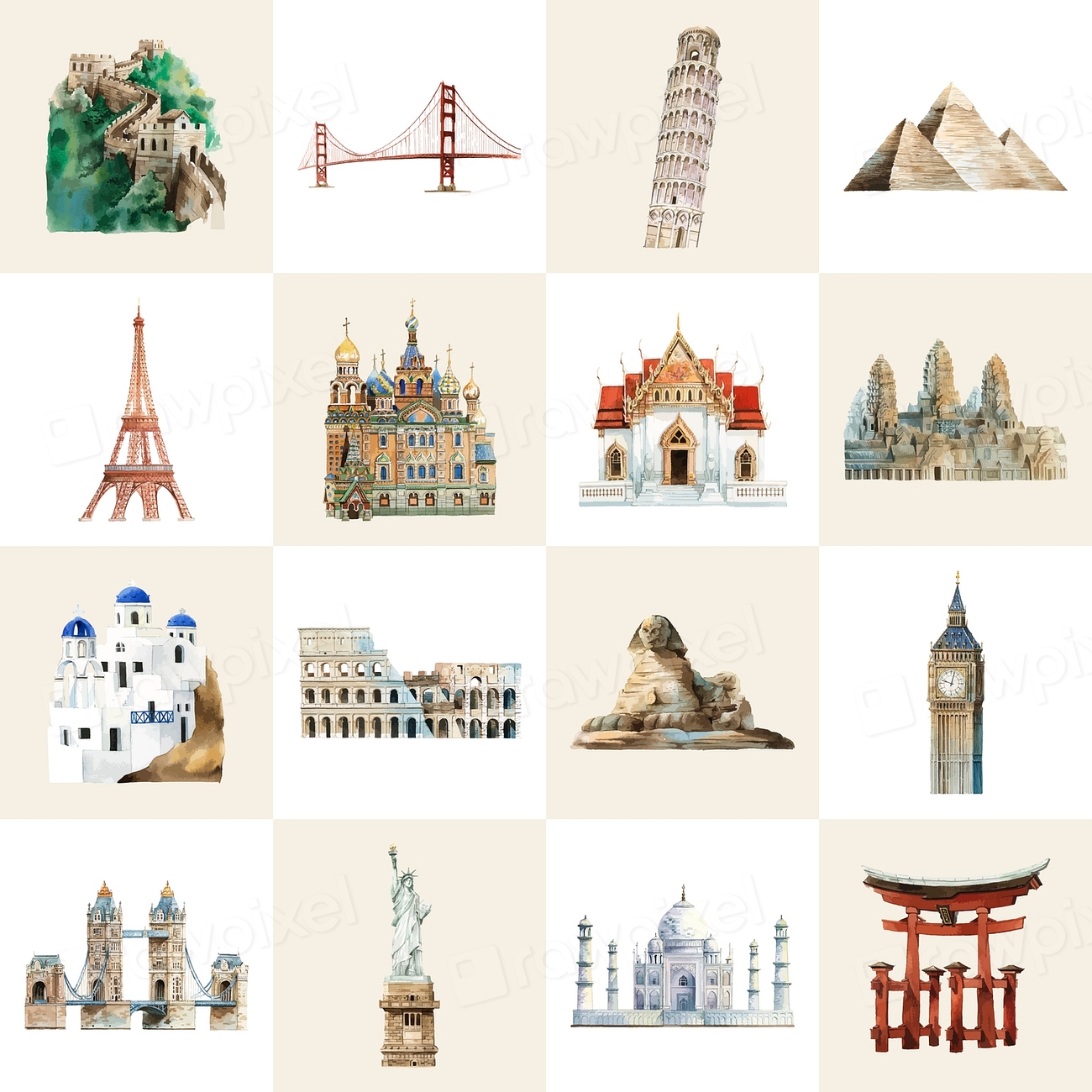 Collection of architectural landmarks painted | Premium Vector ...