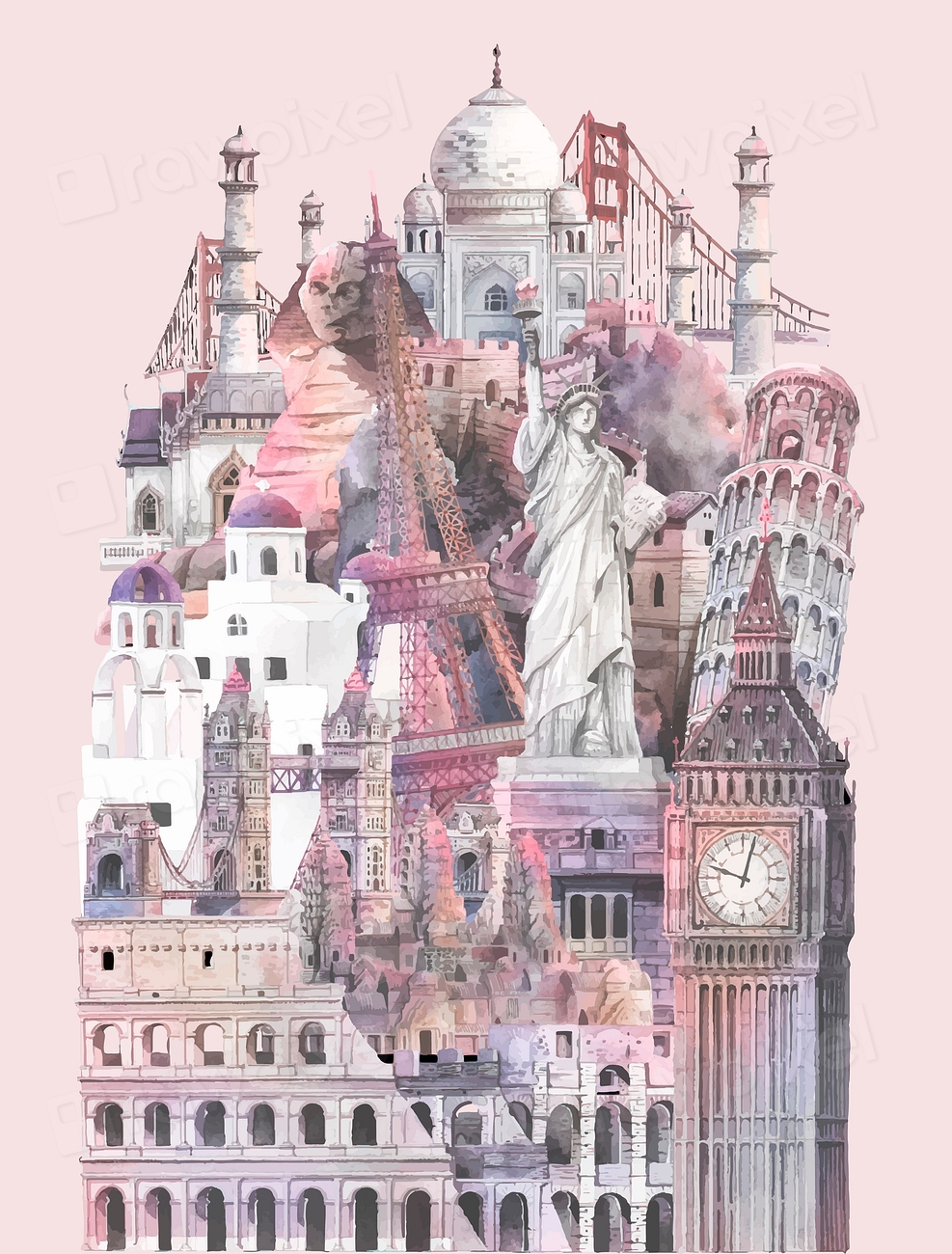 Collection of architectural landmarks painted | Premium Vector ...