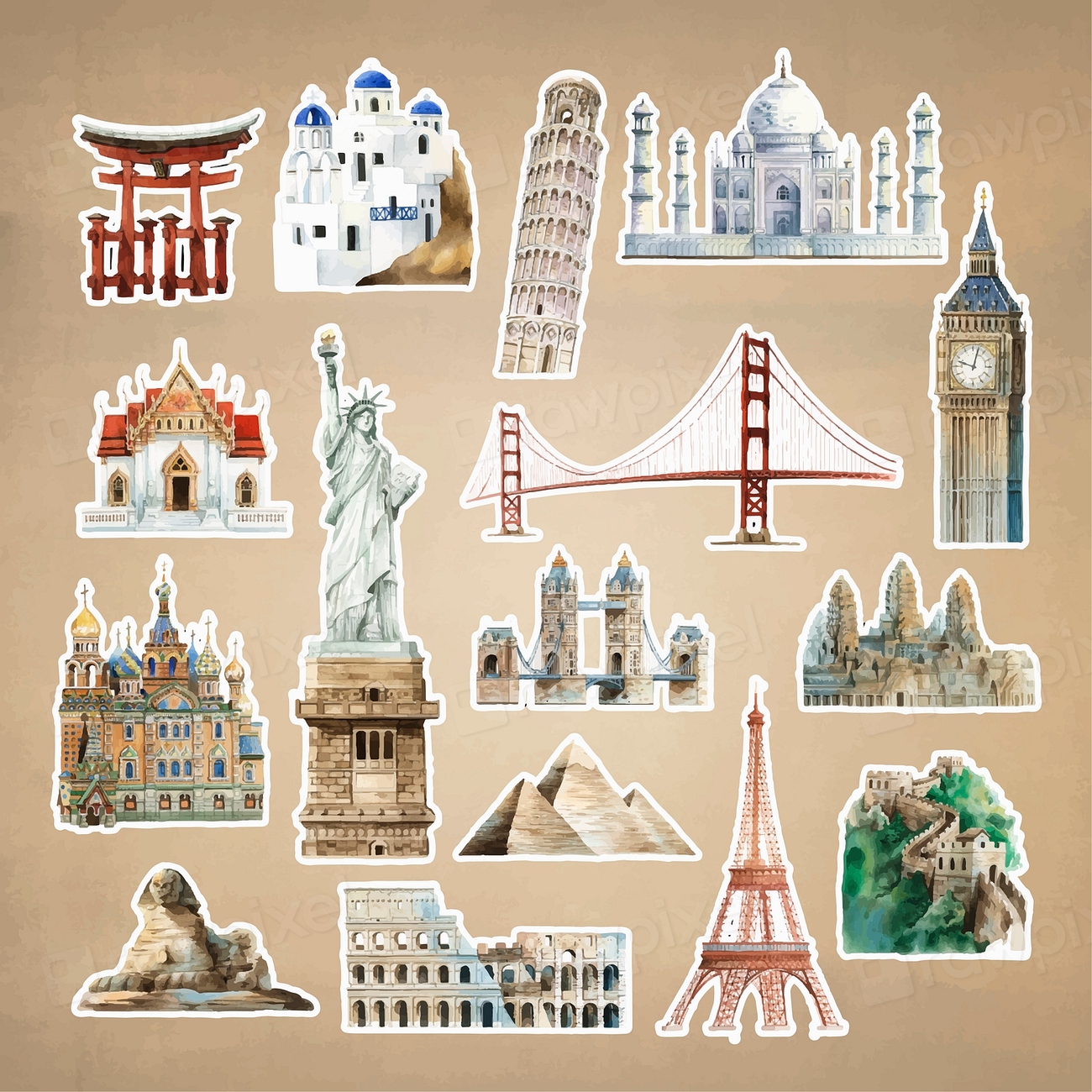 Collection architectural landmarks painted watercolor | Premium Vector ...