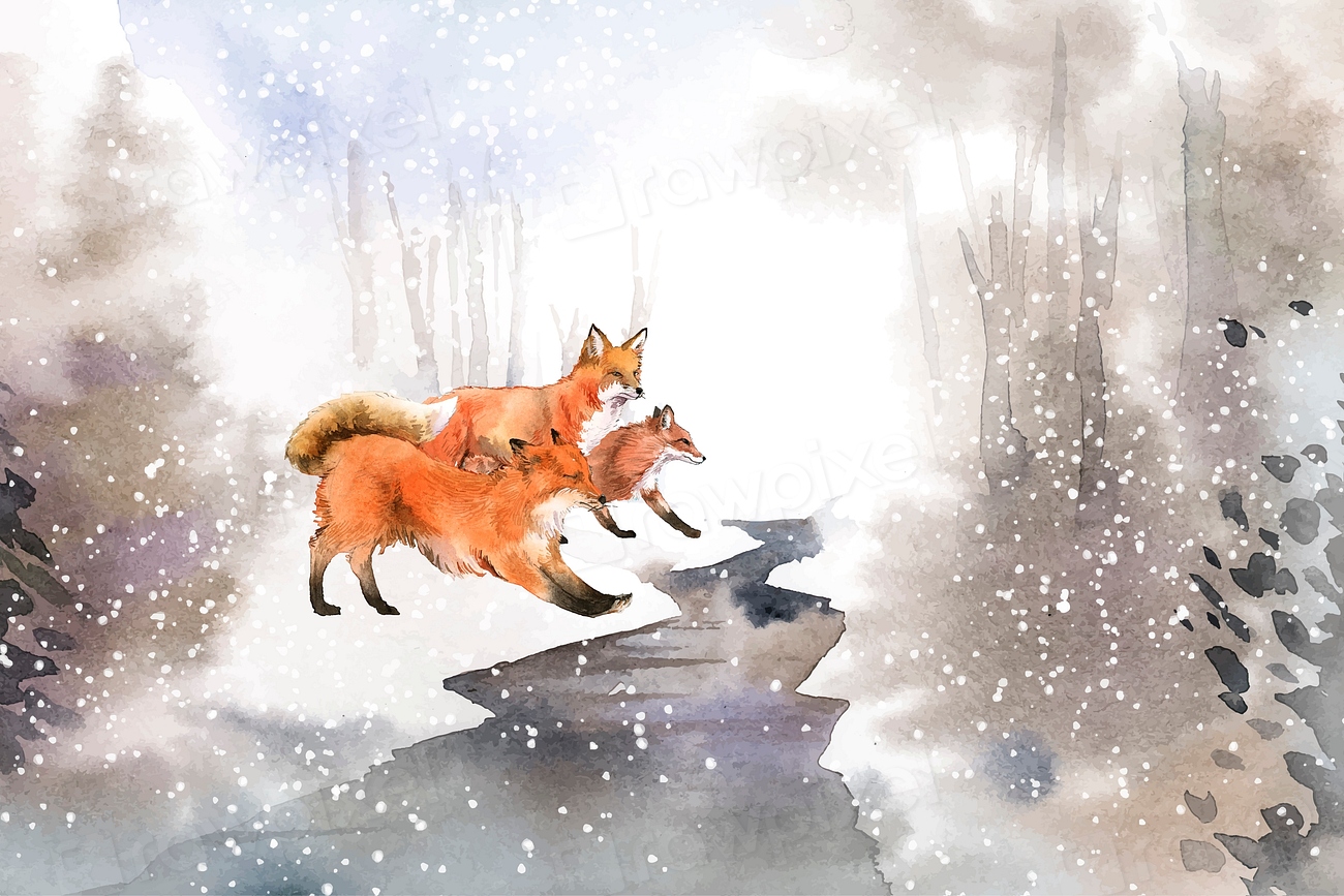 Hand-drawn foxes running snow watercolor | Premium Vector Illustration ...