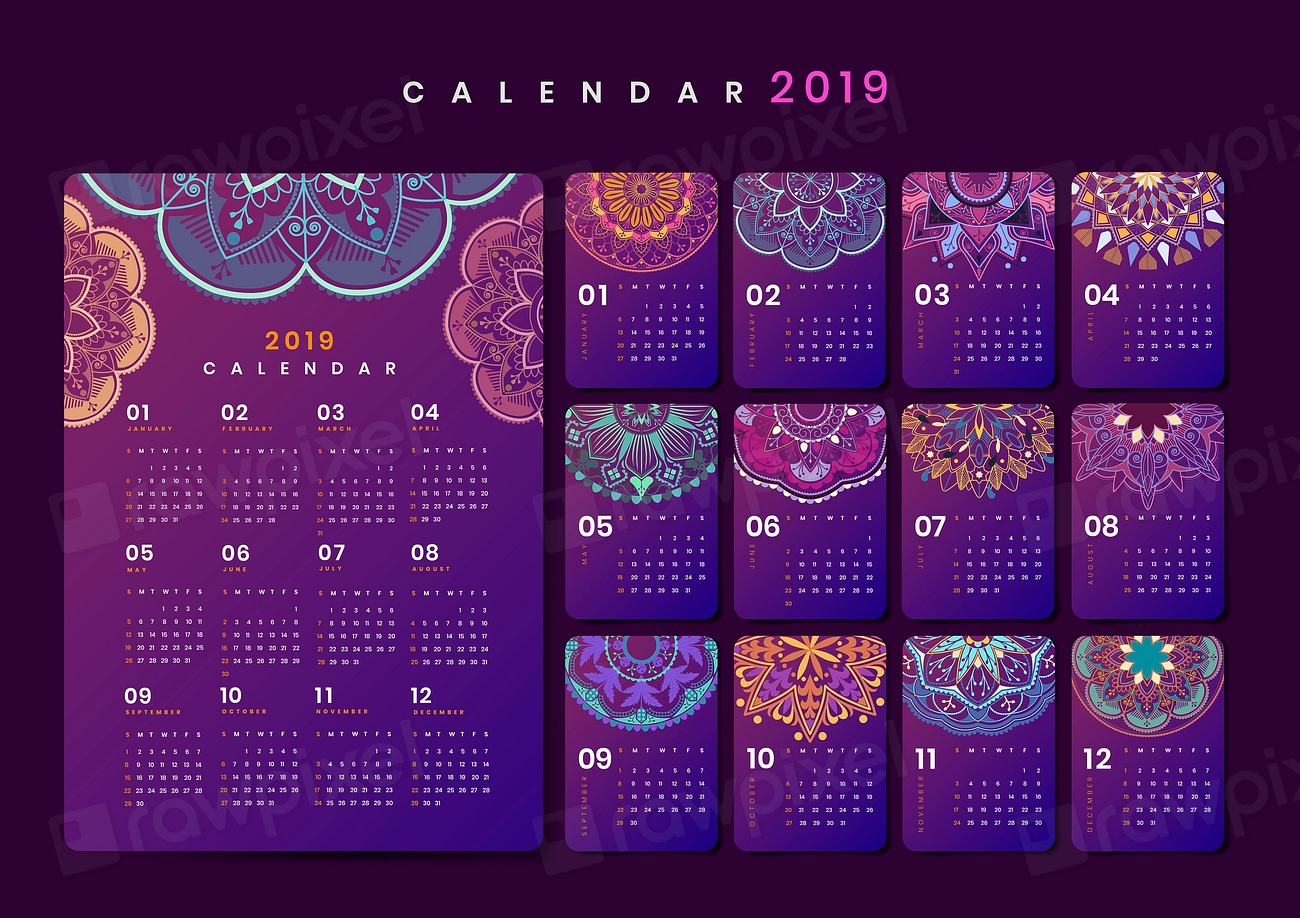 Mandala calendar 2019 vector posters | Free Vector - rawpixel
