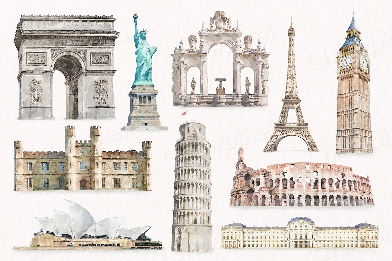 World's historical landmarks watercolor illustration | Premium PSD ...