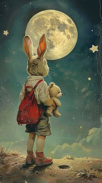 Vintage illustration boy rabbit moon | Free Photo Illustration - rawpixel