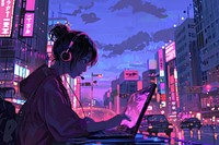 Using laptop anime cityscape computer | Premium Photo Illustration ...