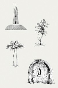 Vintage drawing buildings and trees | Premium PSD - rawpixel