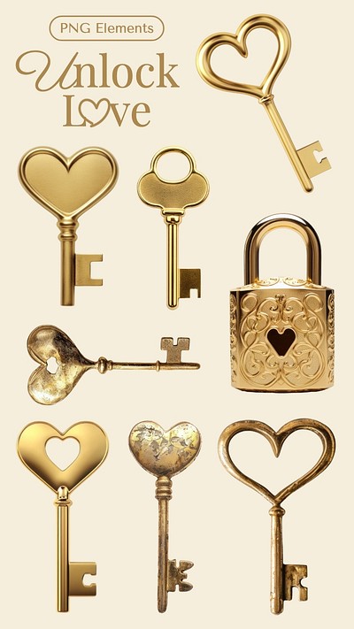 Heart-shaped keys, isolated element collection, | Premium Editable ...