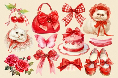 Watercolor red coquette element set | Free Photo - rawpixel