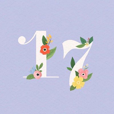 Watercolor floral number 17 vector | Premium Vector - rawpixel