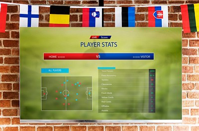 Wide-screen TV displaying player stats | Premium PSD Mockup - rawpixel