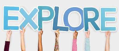 Diverse hands holding word explore | Premium PSD - rawpixel