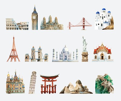 Collection of architectural landmarks painted | Premium Vector ...