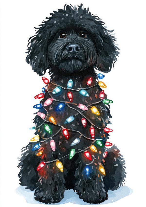 Dog wrapped Christmas Lights illustration | Free Photo Illustration ...