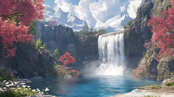 Fantasy waterfall landscape mountains scenery. | Free Photo - rawpixel
