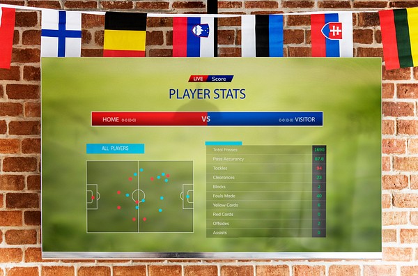 Wide-screen TV displaying player stats | Premium PSD Mockup - rawpixel