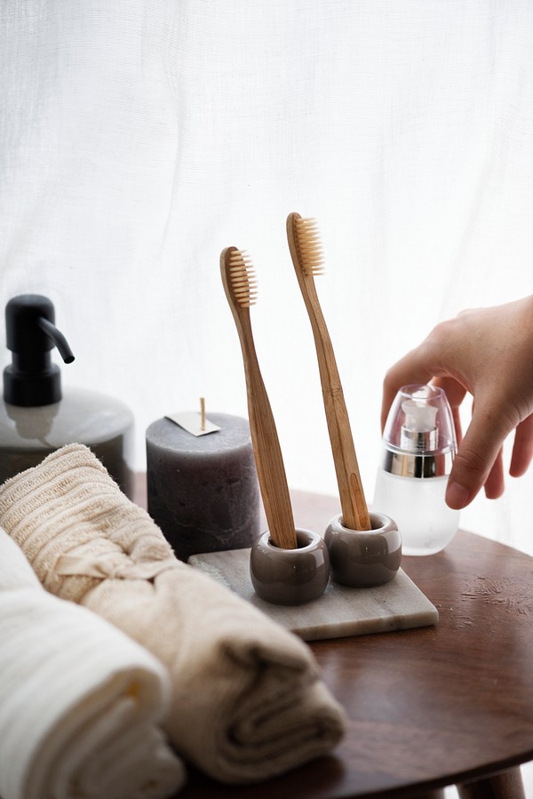 Aesthetic bathroom setting environmental toothbrushes | Premium Photo ...
