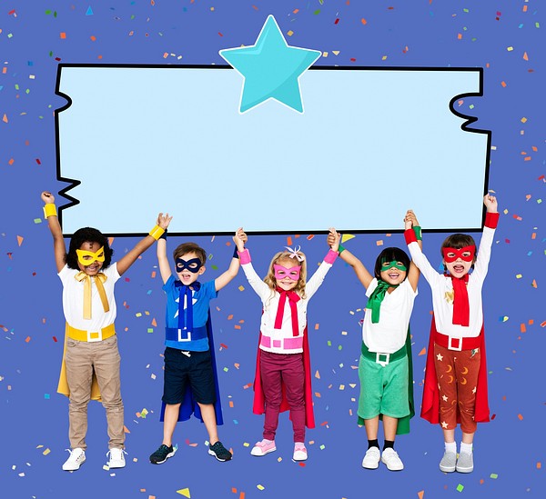 Young cheerful superheroes holding hands | Premium PSD - rawpixel