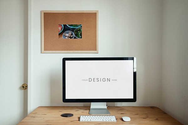 Computer mockup wooden table work | Premium PSD Mockup - rawpixel