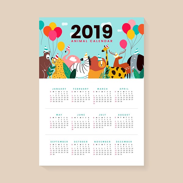 Cute animal calendar 2019 vector | Premium Vector - rawpixel