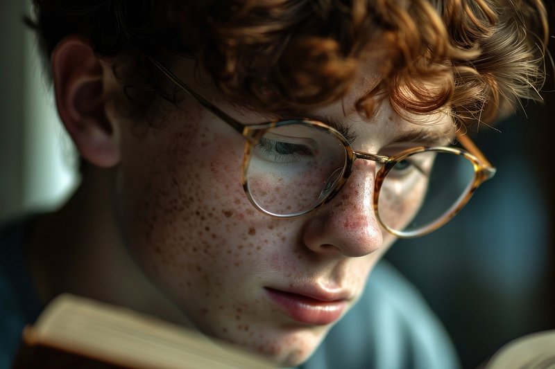 Reading portrait glasses freckle. AI | Free Photo - rawpixel
