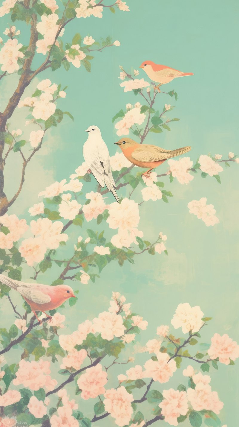 Birds tree art wallpaper painting. | Premium Photo Illustration - rawpixel