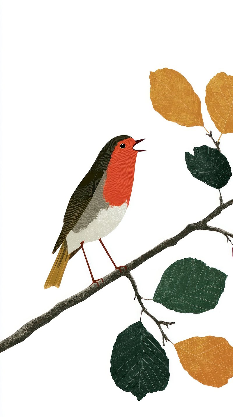 Robin bird singing illustration leaves | Premium Photo Illustration ...