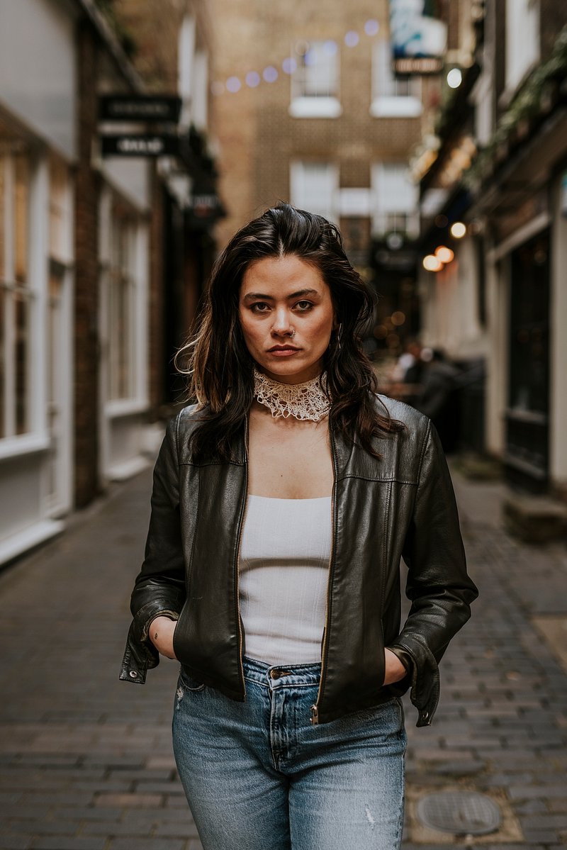 Woman wearing leather jacket, street | Premium Photo - rawpixel