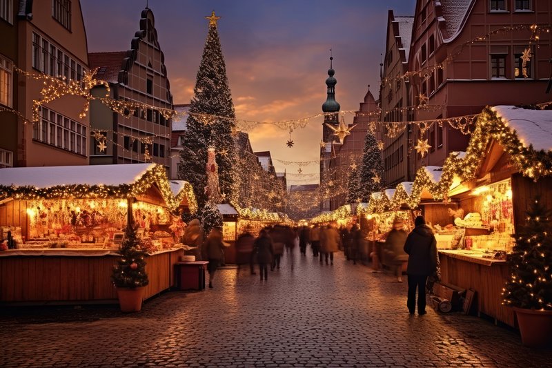 Christmas market evening architecture illuminated. | Premium Photo ...